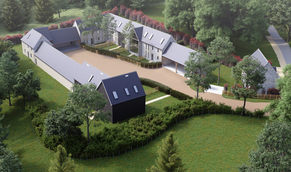New build barns development aerial view CGI. - 3D CAD Visuals